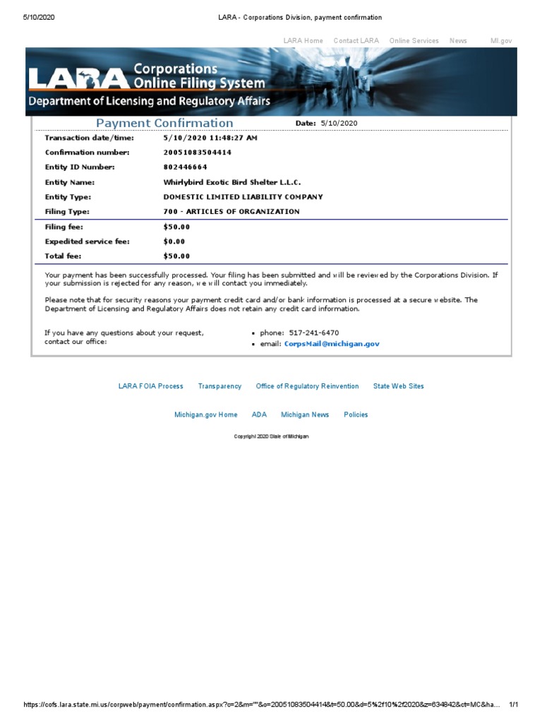 LARA - Corporations Division, Payment Confirmation PDF | PDF