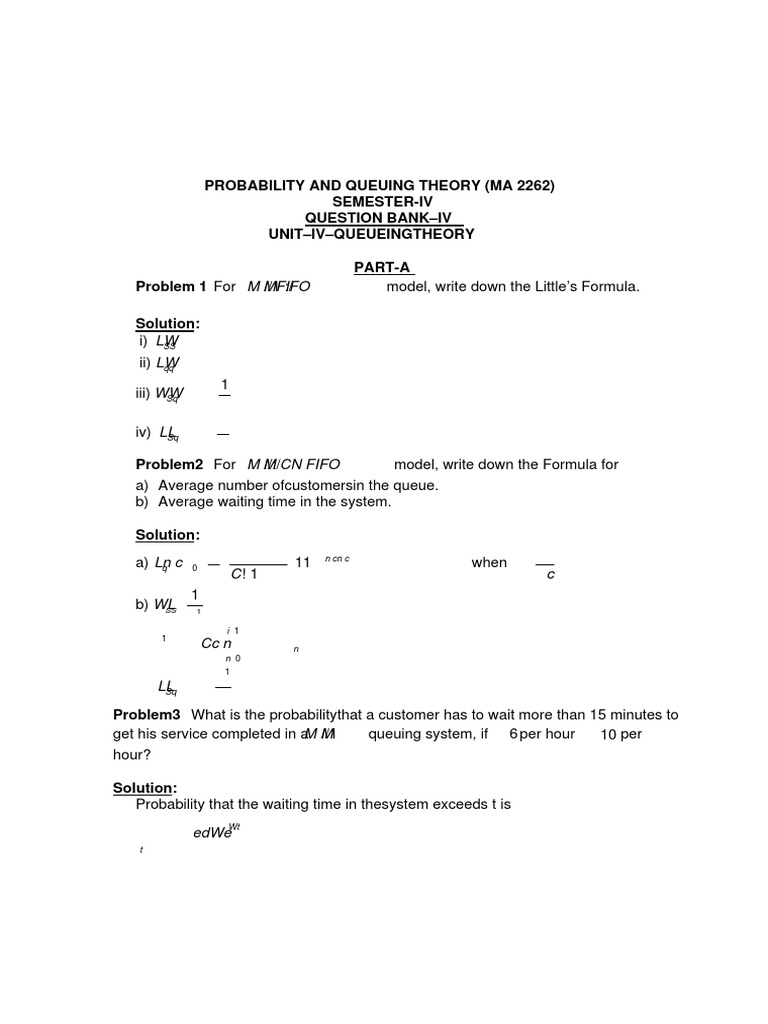 Probability and Queuing Theory (Ma 2262) Semester-Iv Question Bank-Iv Unit-Iv-Queueingtheory ...