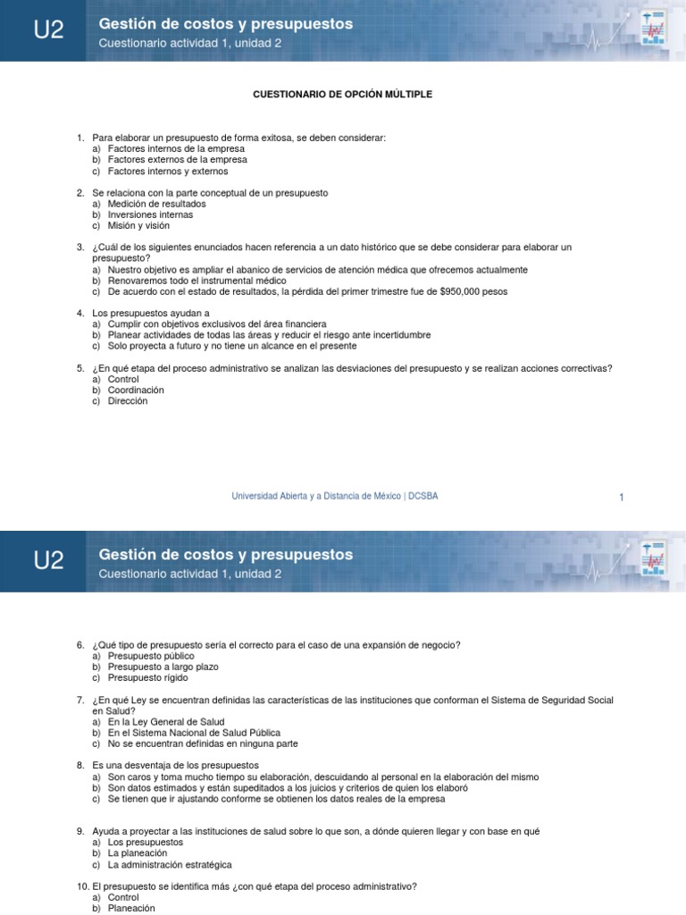 Cuestionario U2 Act1 | PDF | Presupuesto | Planificación