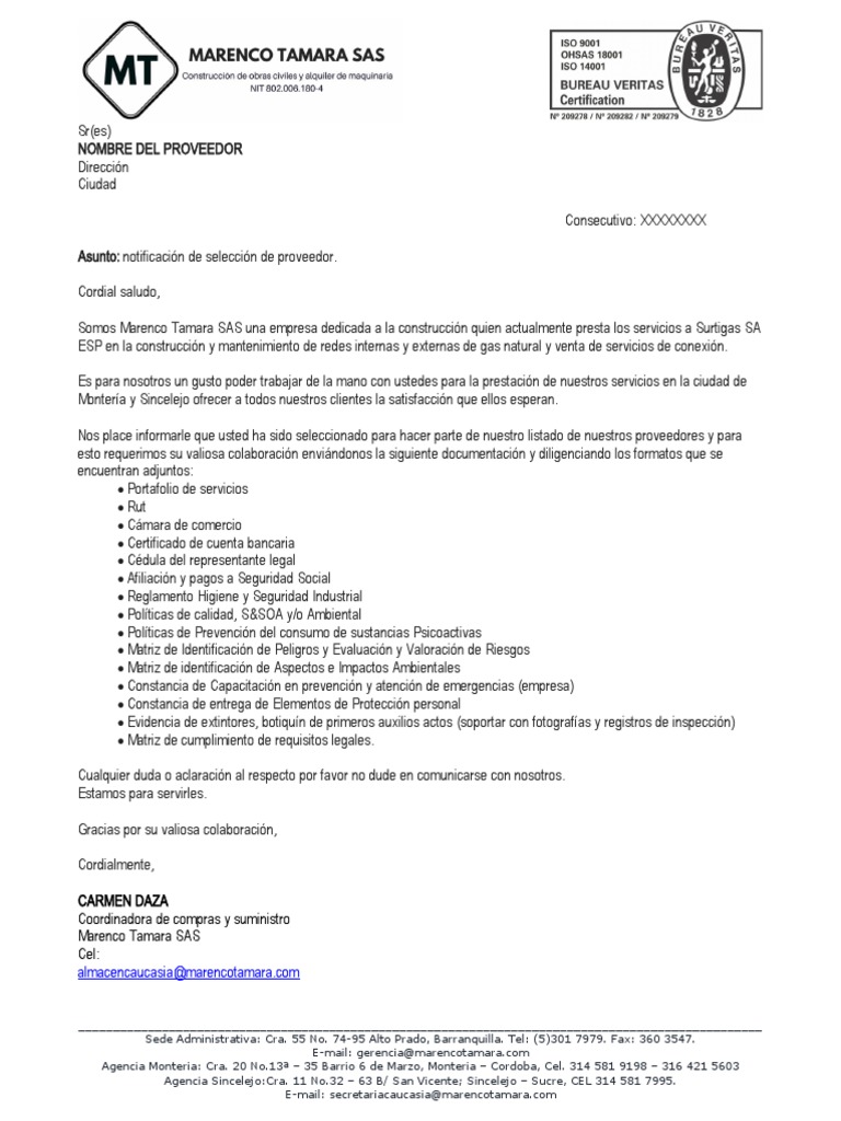 Notificación de Selección de Proveedor | PDF | Business
