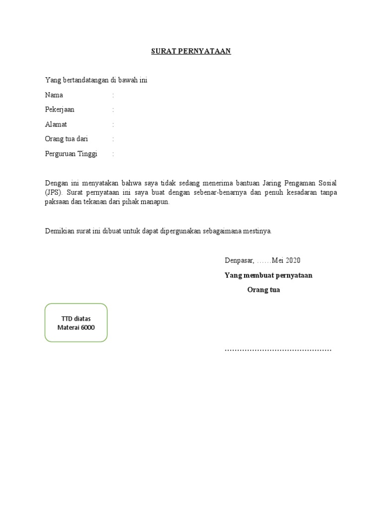 Surat Pernyataan Tidak Menerima JPS | PDF
