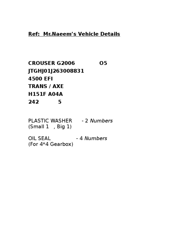 Ref: MR - Naeem's Vehicle Details | PDF