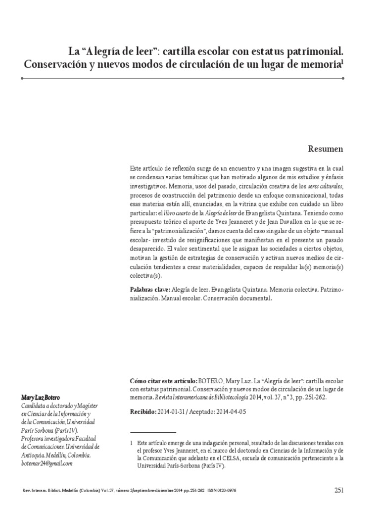 Estatus Patrimonial Cartilla ALEGRIA DE LEER - Mary Luz Botero | PDF ...