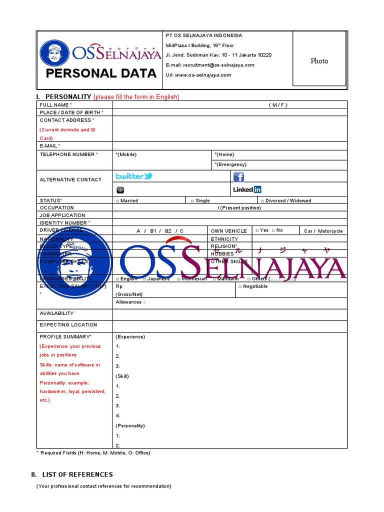 Personal Data Form PT Os Selnajaya Indonesia 2020 | PDF | Business