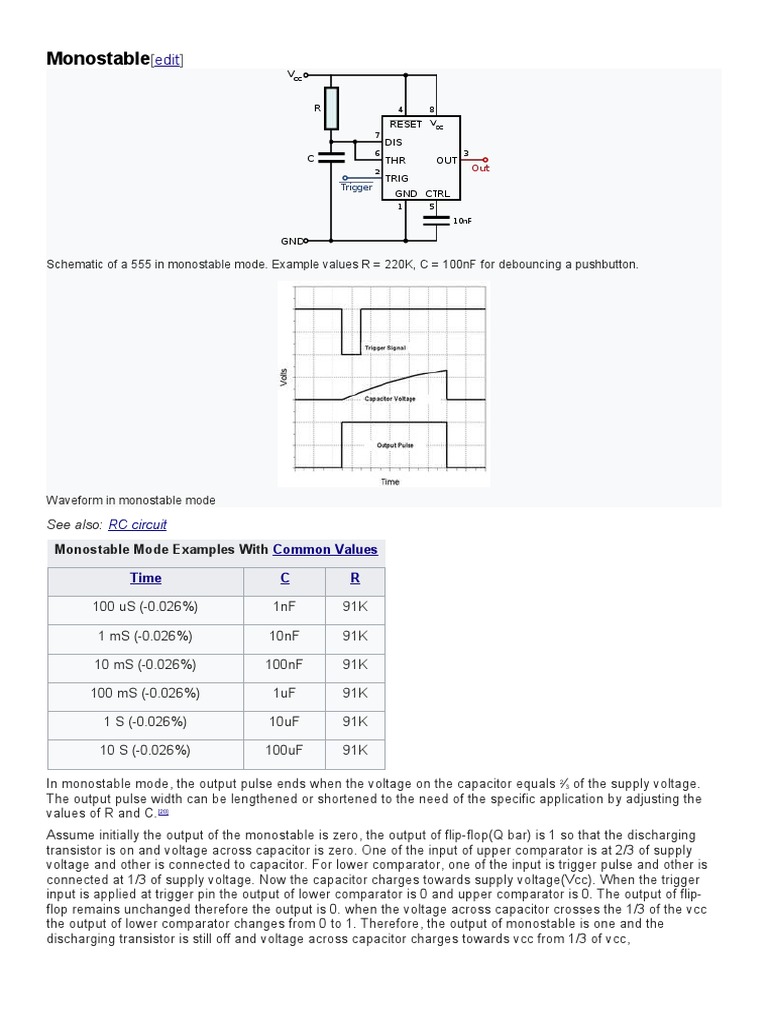 Monostable: Schematic of A 555 in Monostable Mode. Example Values R ...