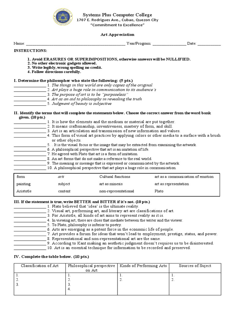 Art Appreciation Examination | PDF | Representation (Arts) | Idea