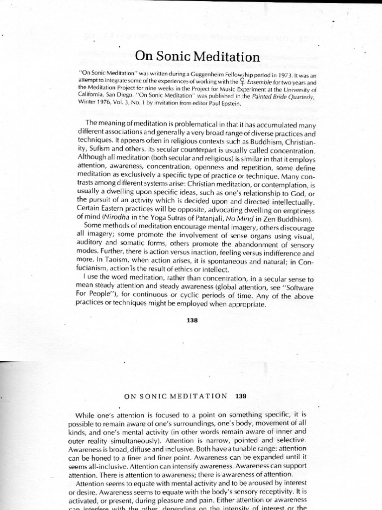 Pauline Oliveros: On Sonic Meditation / Meditation Report | PDF
