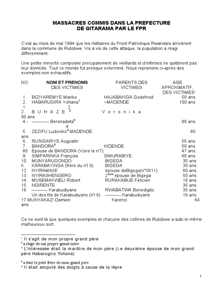 List Ya Bahutu Bishwe Muri Prefecture Ya Gitarama Na RPF | PDF | Hutus ...