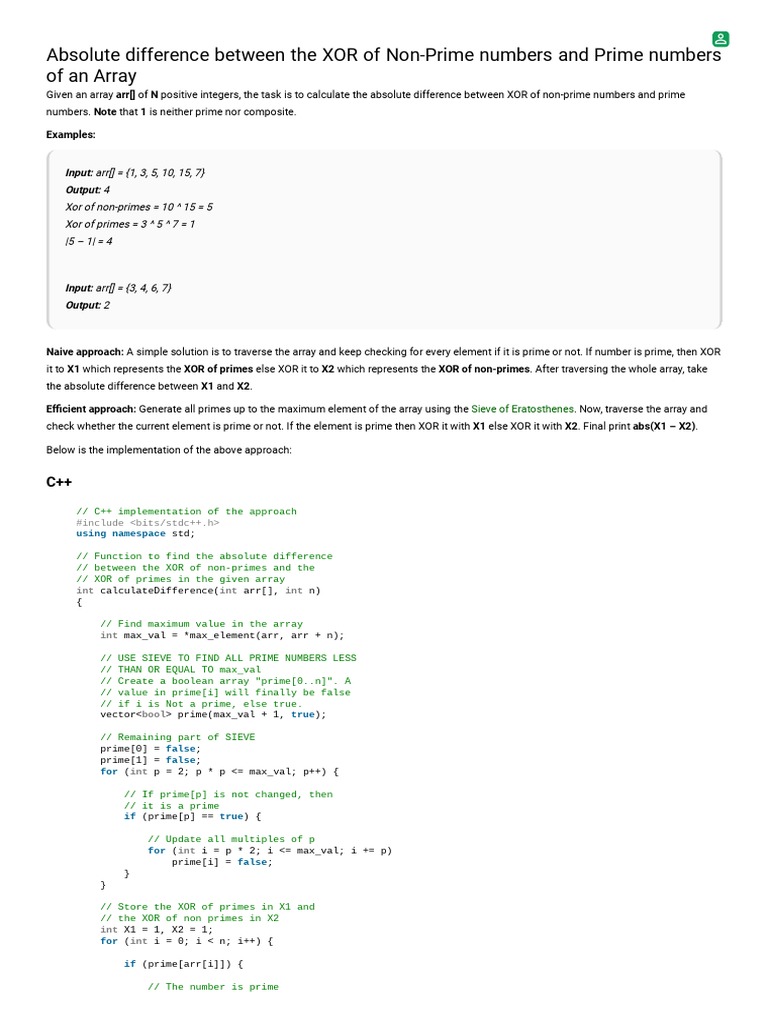 Absolute Difference Between The XOR of Non-Prime Numbers and Prime Numbers | PDF | Prime Number ...