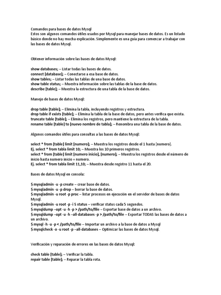 Comandos para Bases de Datos Mysql | PDF