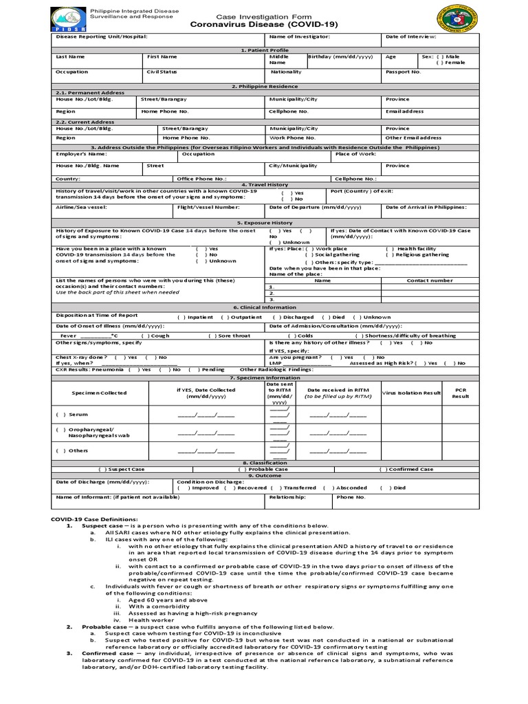 Coronavirus Disease (COVID-19) : Case Investigation Form | PDF ...