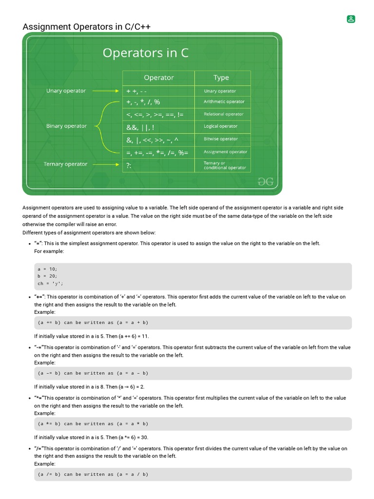 Assignment Operators In C C Pdf Variable Computer Science Theoretical Computer Science 0850