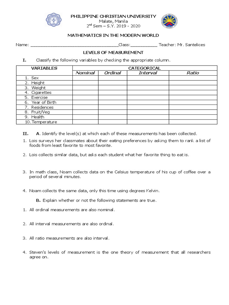 Levels of Measurement Worksheet | PDF