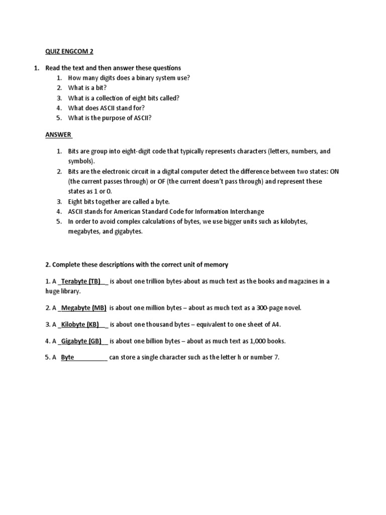 Binary system quiz and computer memory units | PDF | Byte | Ascii