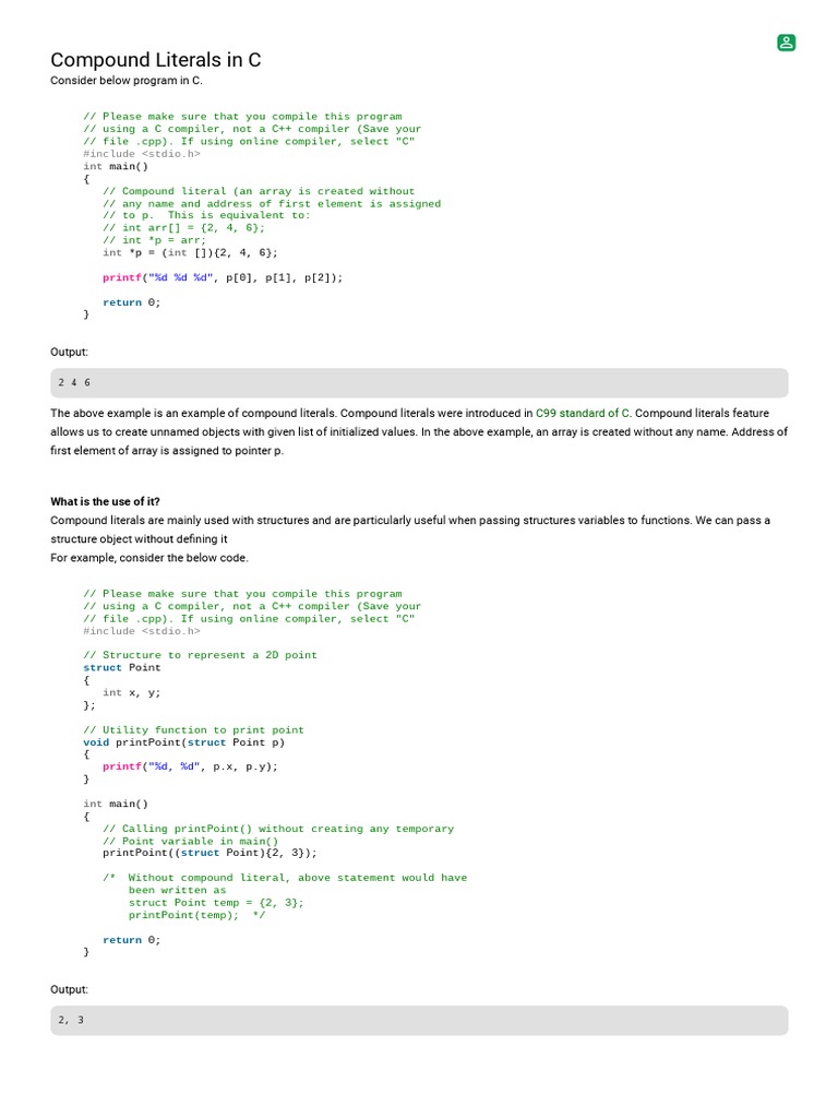 Compound Literals in C | PDF