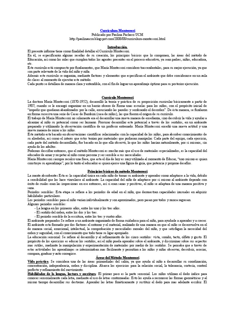 Curriculum Montessori | PDF | Educación Montessori | Aprendizaje