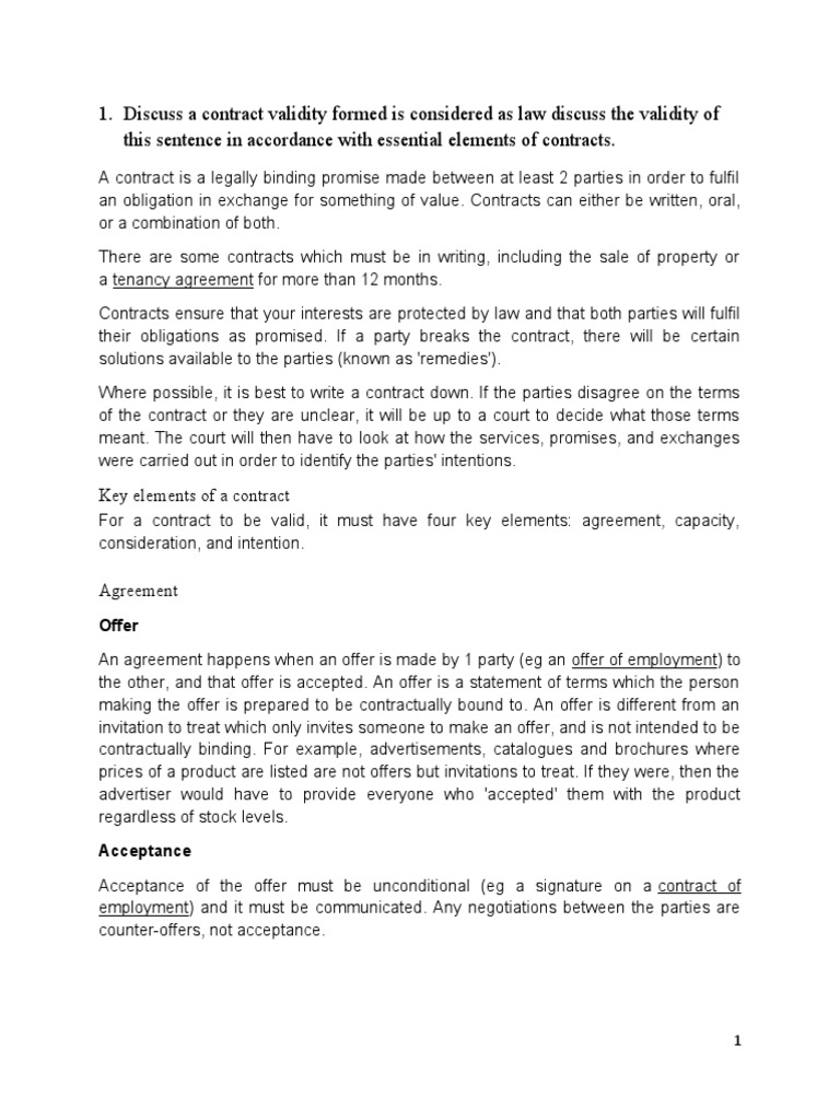 Discuss A Contract Validity Formed Is Considered As Law Discuss The ...