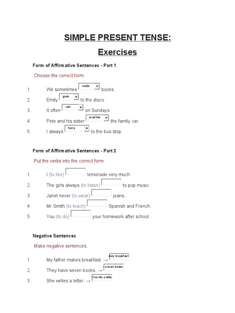 Simple Present Tense: Exercises: Form of Affirmative Sentences - Part 1 ...