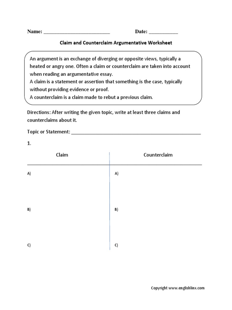 Claim Counterclaim Argumentative Worksheet PDF | PDF
