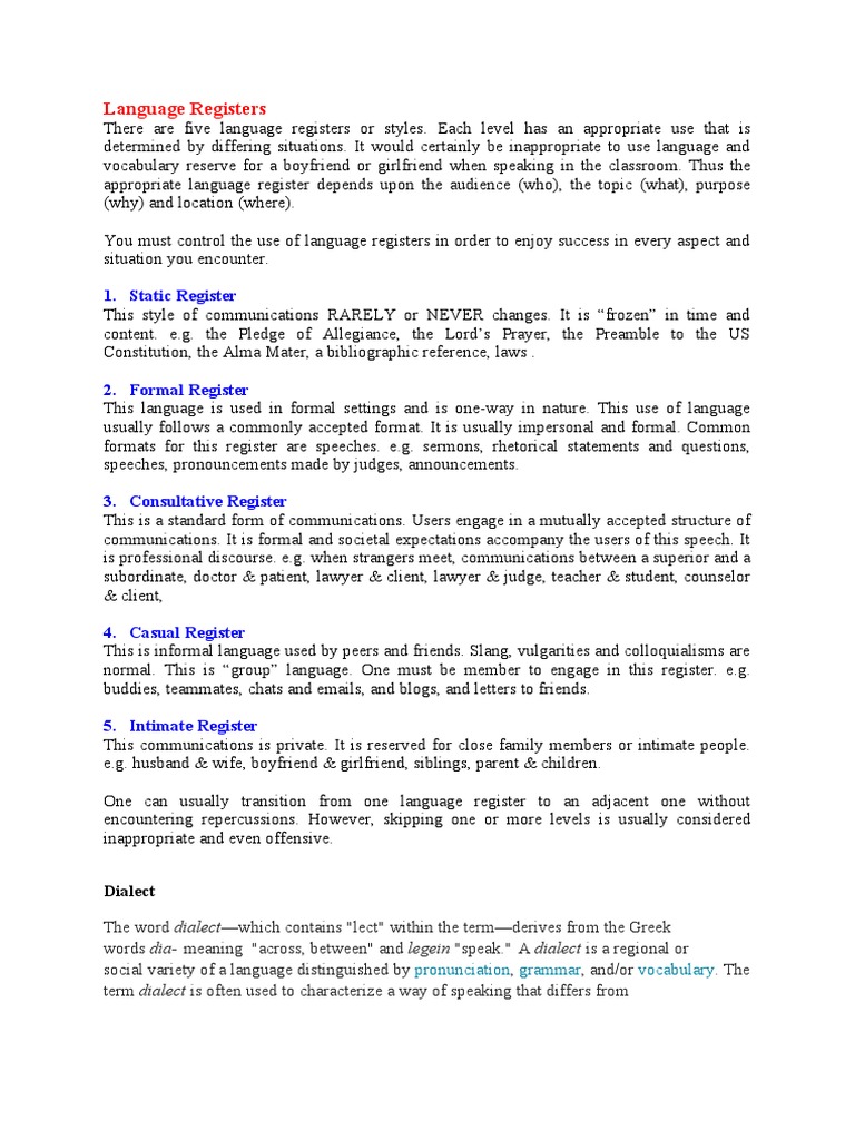 Language Registers: 1. Static Register | PDF | Dialect | Dialectology