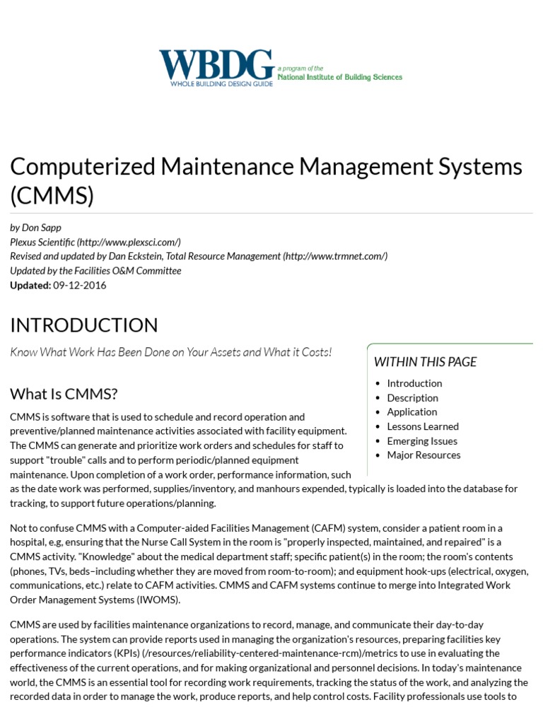 Computerized Maintenance Management Systems (CMMS) - WBDG - Whole ...