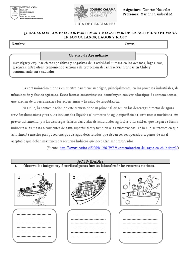 GUIA DE CIENCIAS 5° Agua Actividad Humana N°3 Carta | PDF | La ...