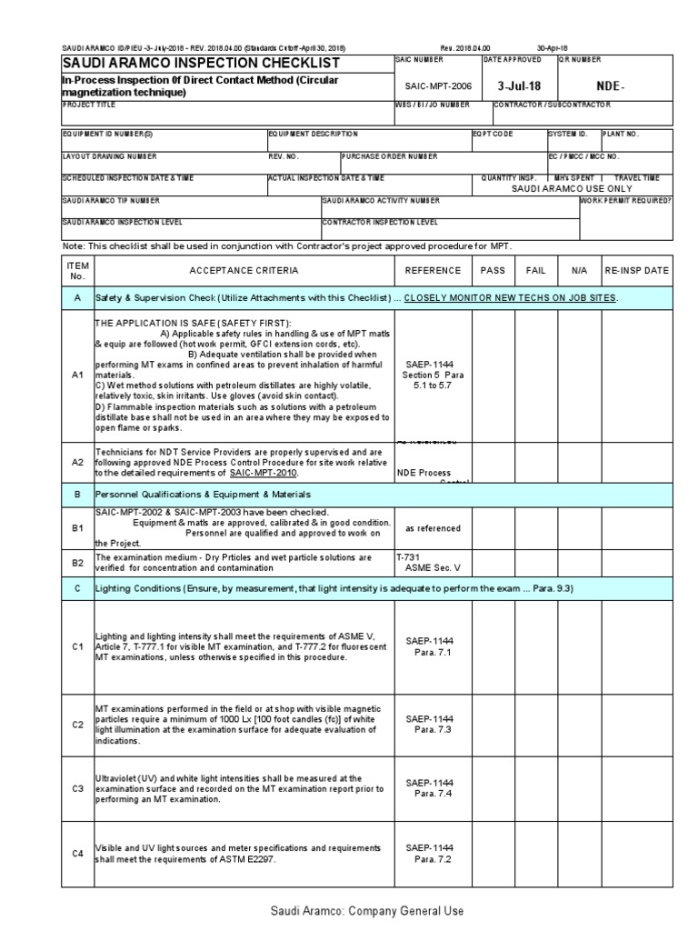 Saudi Aramco Inspection Checklist: In-Process Inspection 0f Direct ...
