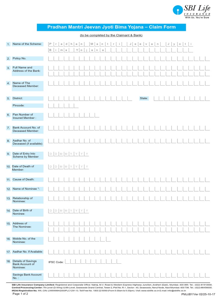 Pradhan Mantri Jeevan Jyoti Bima Yojana - Claim Form: (To Be Completed ...