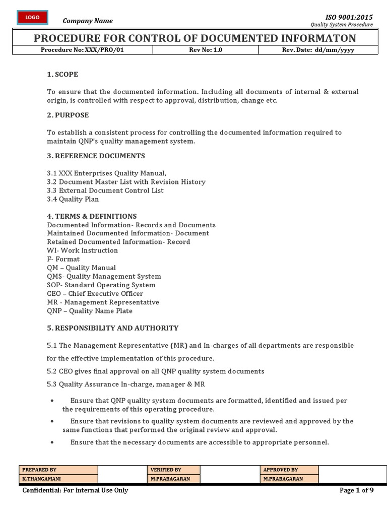 01 Procedure For Control of Documented Information | PDF | Quality ...