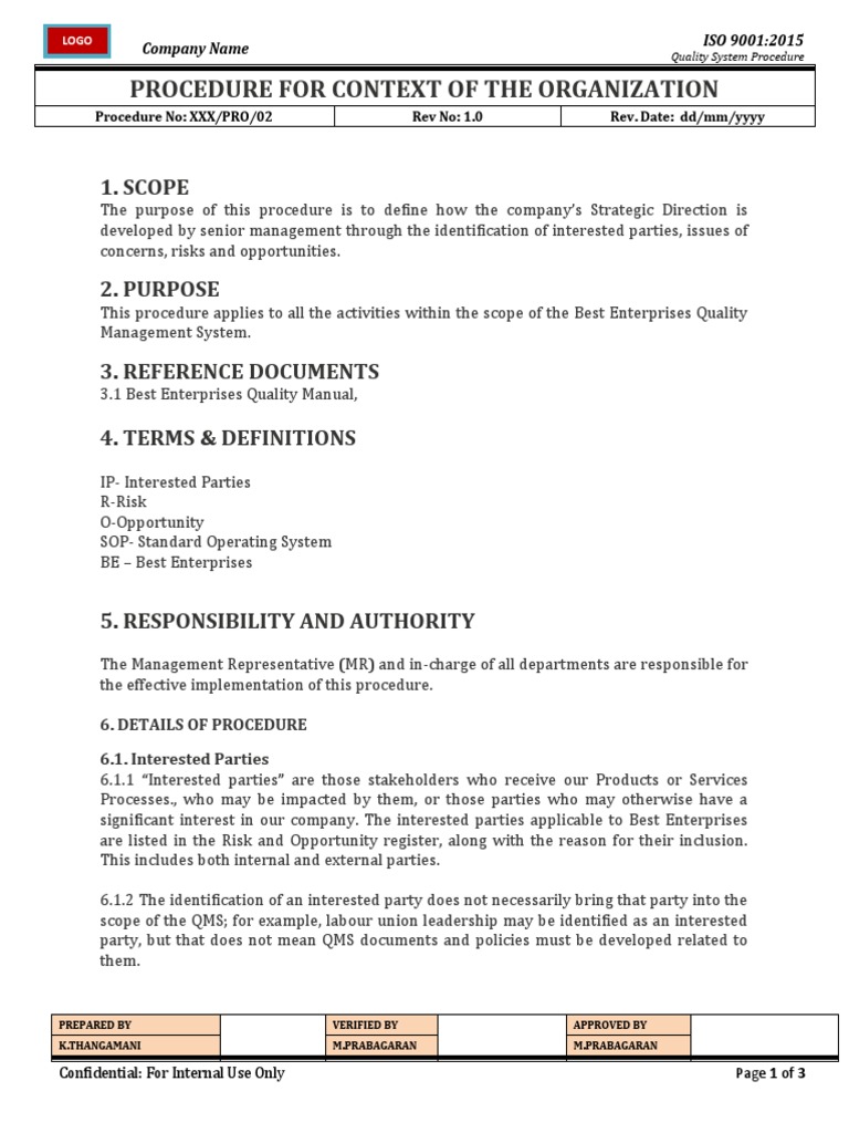 02 Procedure For Context of The Organization | PDF | Quality Management ...