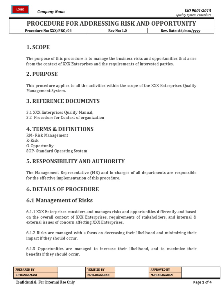 ISO 9001:2015 Risk and Opportunity Procedure | PDF | Iso 9000 | Risk
