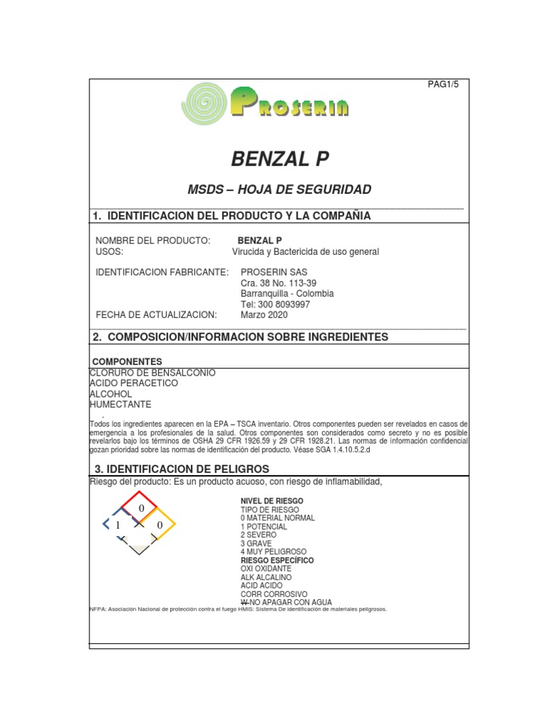 MSDS - Benzal P 1 | PDF | Vómitos | Toxicidad