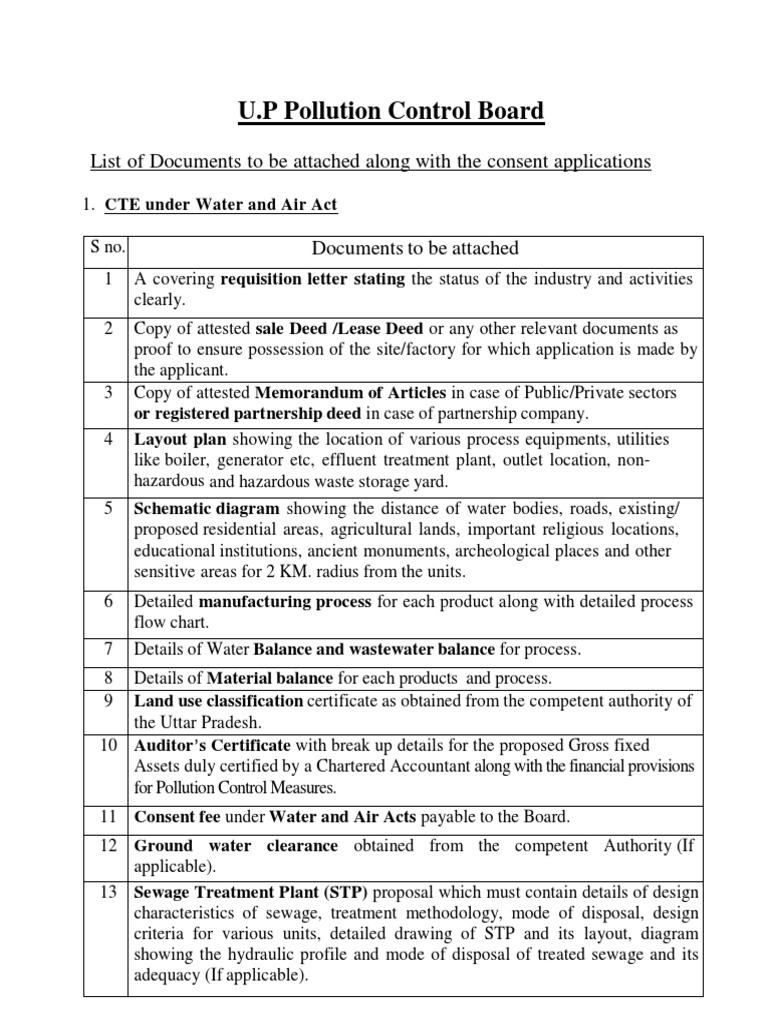 U.P Pollution Control Board: List of Documents To Be Attached Along ...