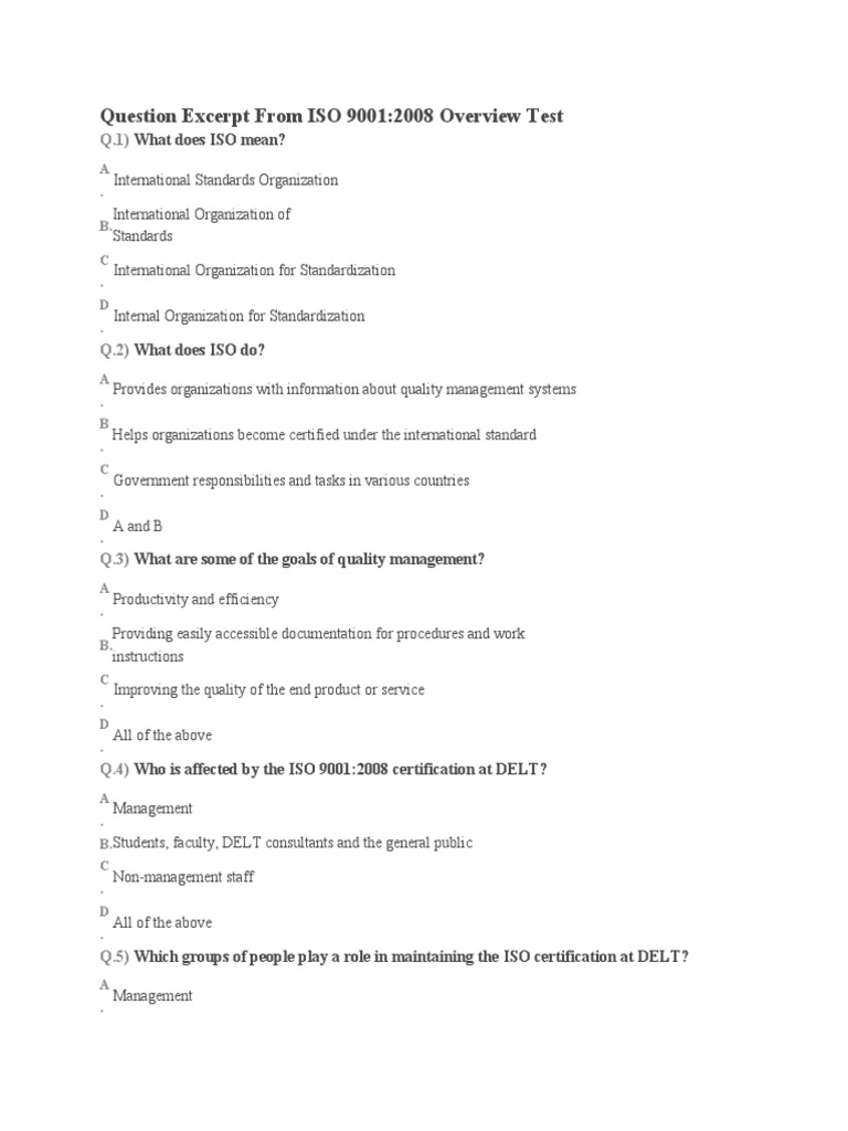 Question Excerpt From ISO 9001:2008 Overview Test: What Does ISO Mean ...