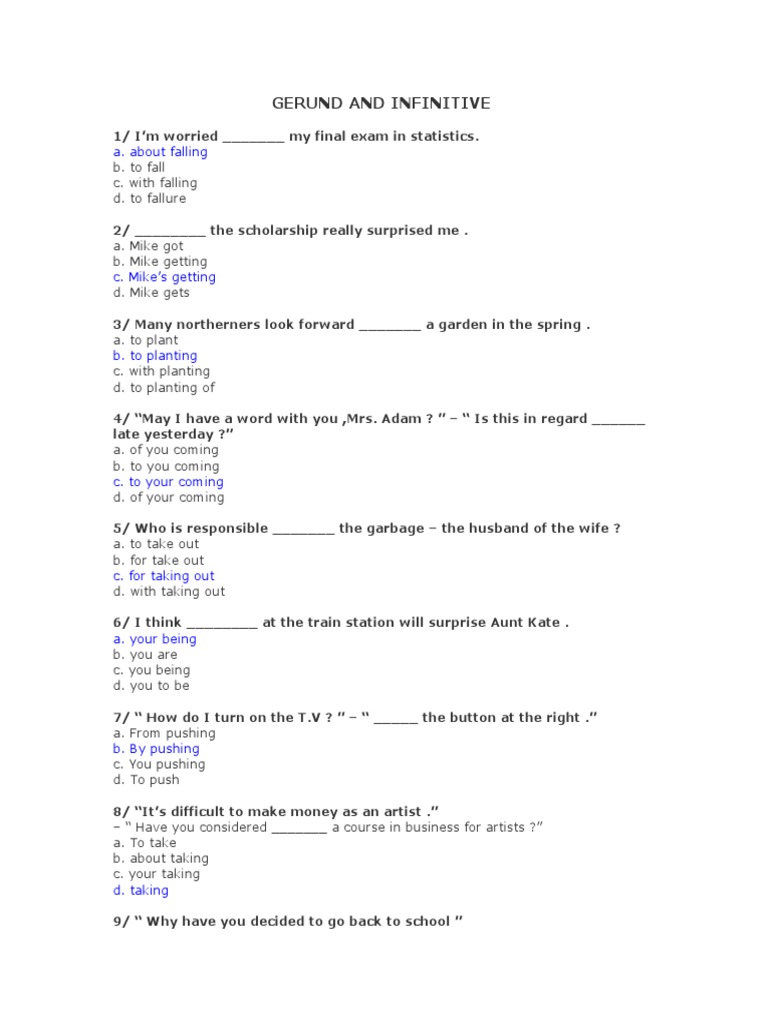 Gerund and Infinitive Practice Questions | PDF