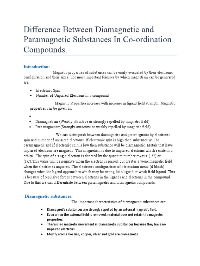 Paramagnetic vs Diamagnetic Substances | PDF | Coordination Complex ...
