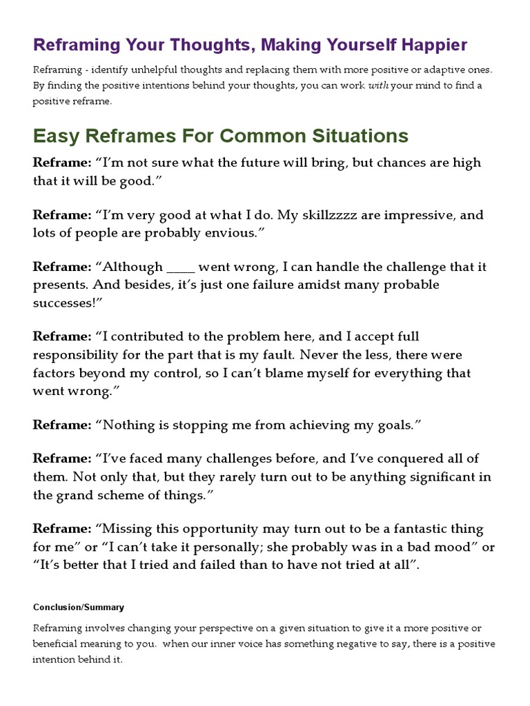 Easy Reframes For Common Situations: Reframing Your Thoughts, Making ...