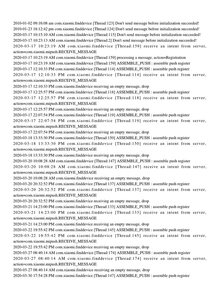 Log of Xiaomi Find Device App Processing Push Notifications and Commands from Server Over Time ...