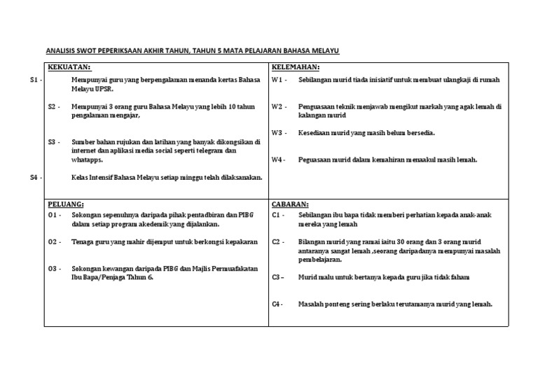 SWOT Bahasa Melayu | PDF