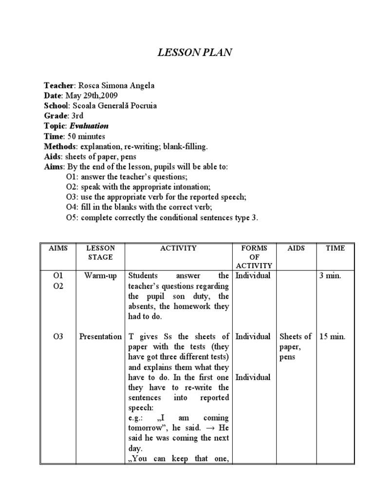 Lesson Plan: Aims Lesson Stage Activity Forms OF Activity Aids Time ...