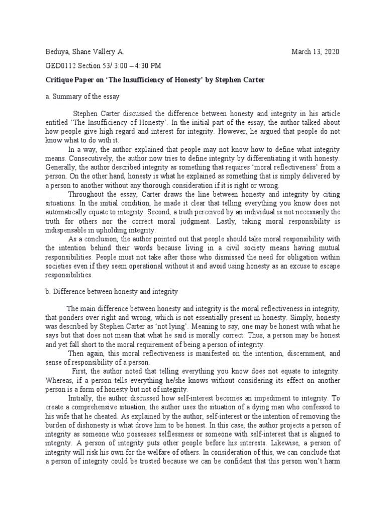 Critique Paper On The Insufficiency of Honesty' by Stephen Carter | PDF | Integrity | Morality