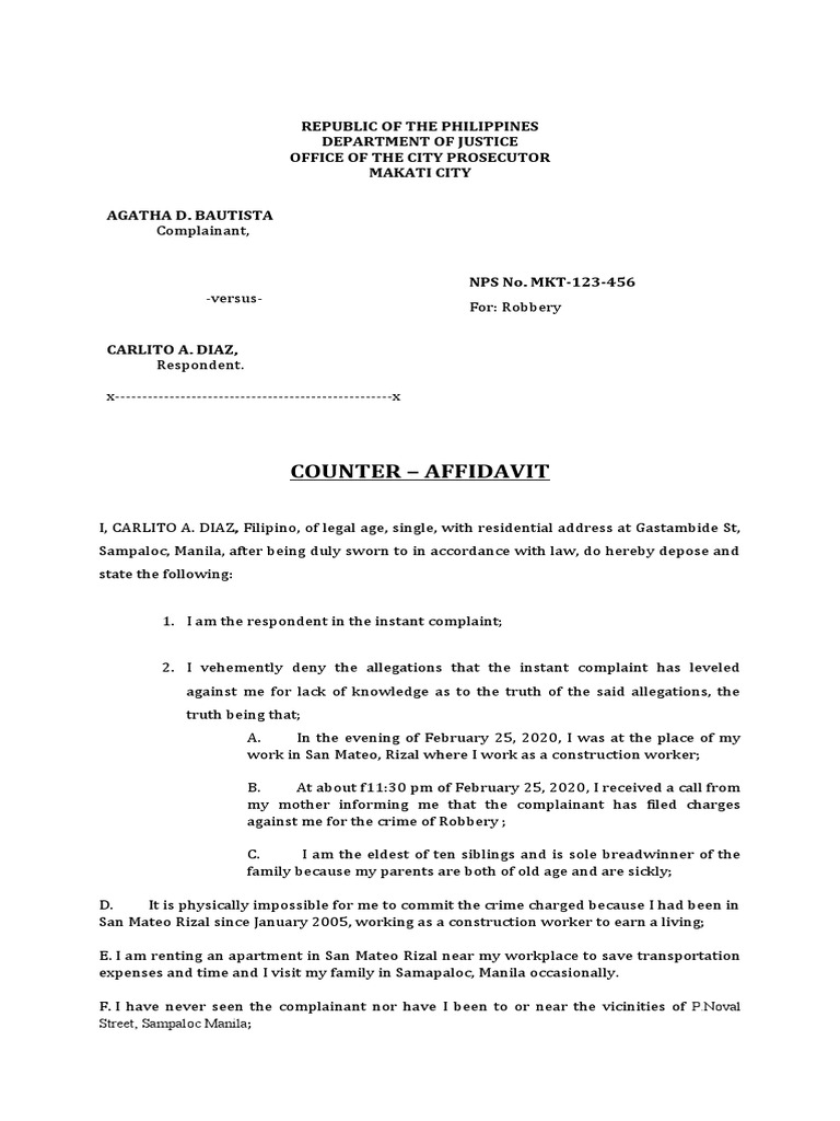 Counter Affidavit in Robbery Case | PDF | Affidavit | Criminal Law
