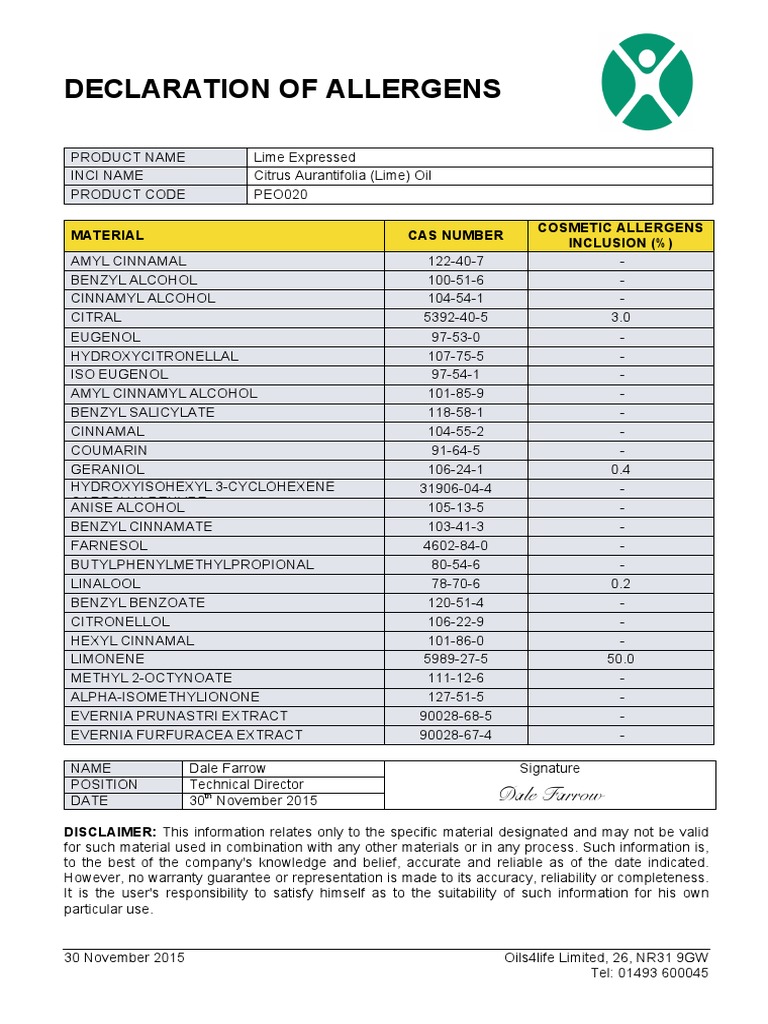 Declaration of Allergens: Material Cas Number Cosmetic Allergens ...