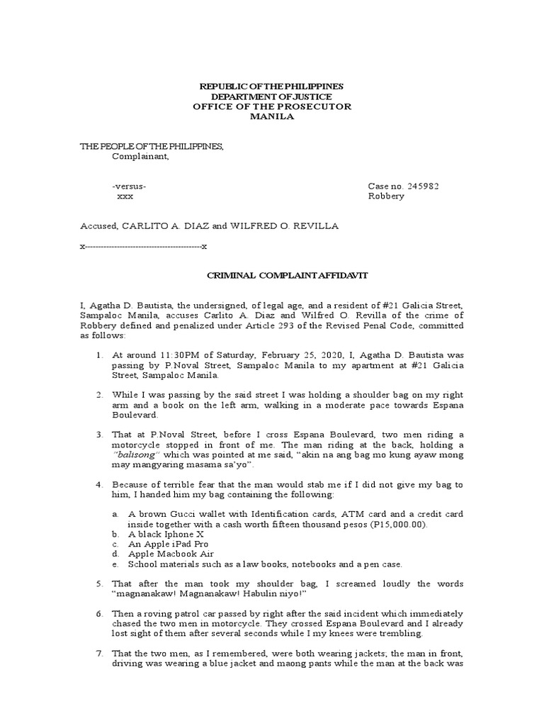 Robbery-Complaint Affidavit | PDF | Crime & Violence | Crime Thriller