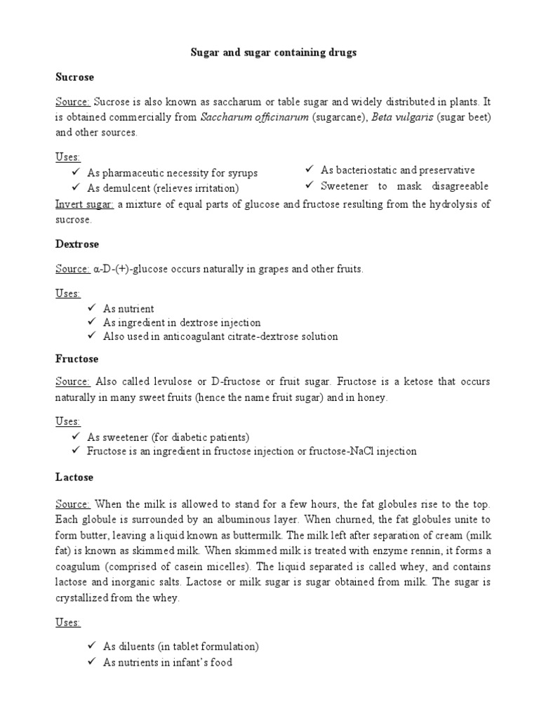 Sugar and Sugar Containing Drugs Sucrose | PDF | Sucrose | Fructose