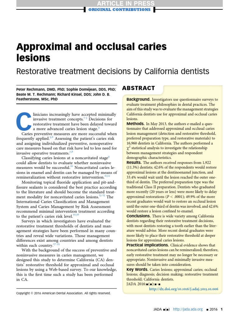Approximal and Occlusal Caries Lesions: Restorative Treatment Decisions ...