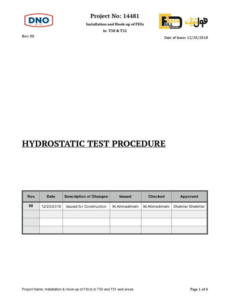 Hydrostatic Test Procedure: Project No: 14481 | PDF | Pipe (Fluid ...