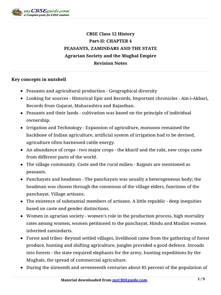 CBSE Class 12 History Part-II: CHAPTER 4 Peasants, Zamindars and The ...