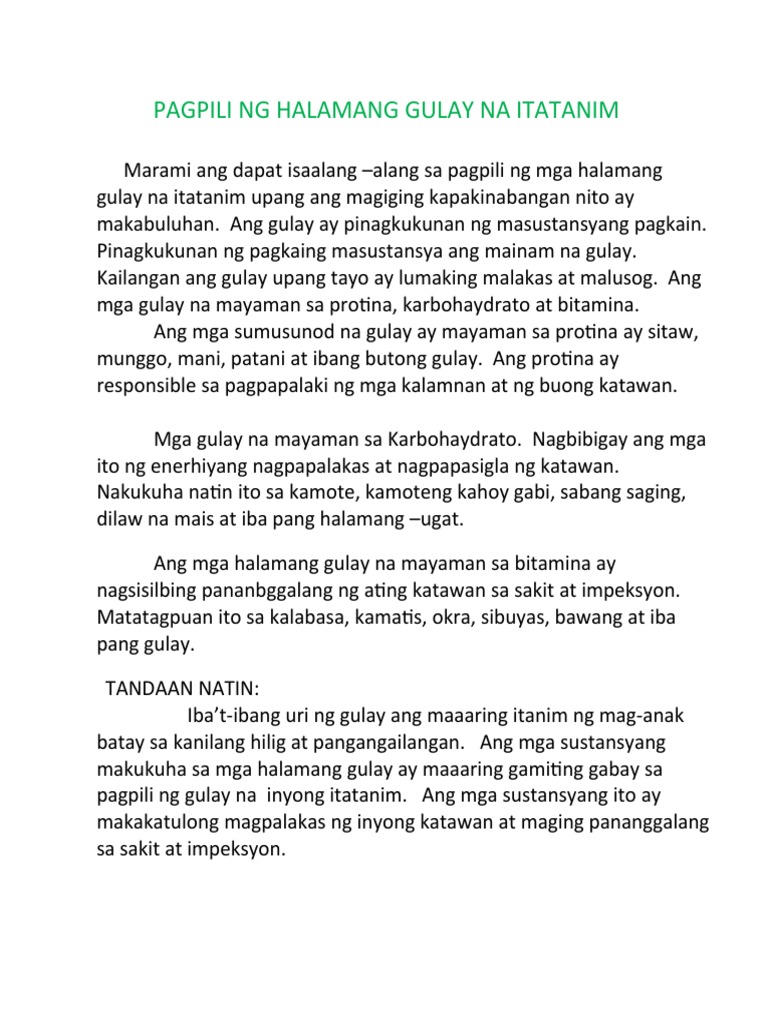 Pagpili NG Halamang Gulay Na Itatanim | PDF