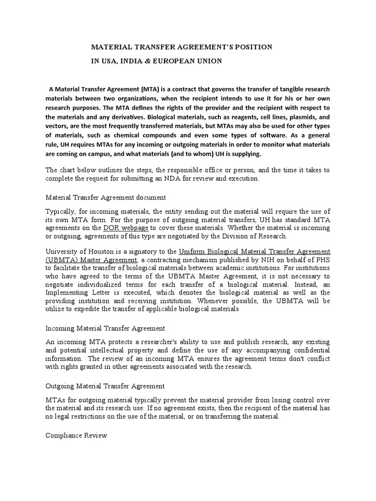 Material Transfer Agreement | PDF | Market Access | World Trade ...
